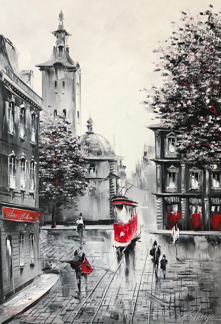 Three Piece Wall Art Black and Red Paintings on Canvas Retro Town Wall ...
