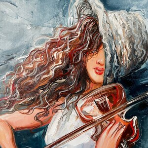 Girl Playing Violin Oil Painting Original Woman in Hat Canvas Wall Art ...