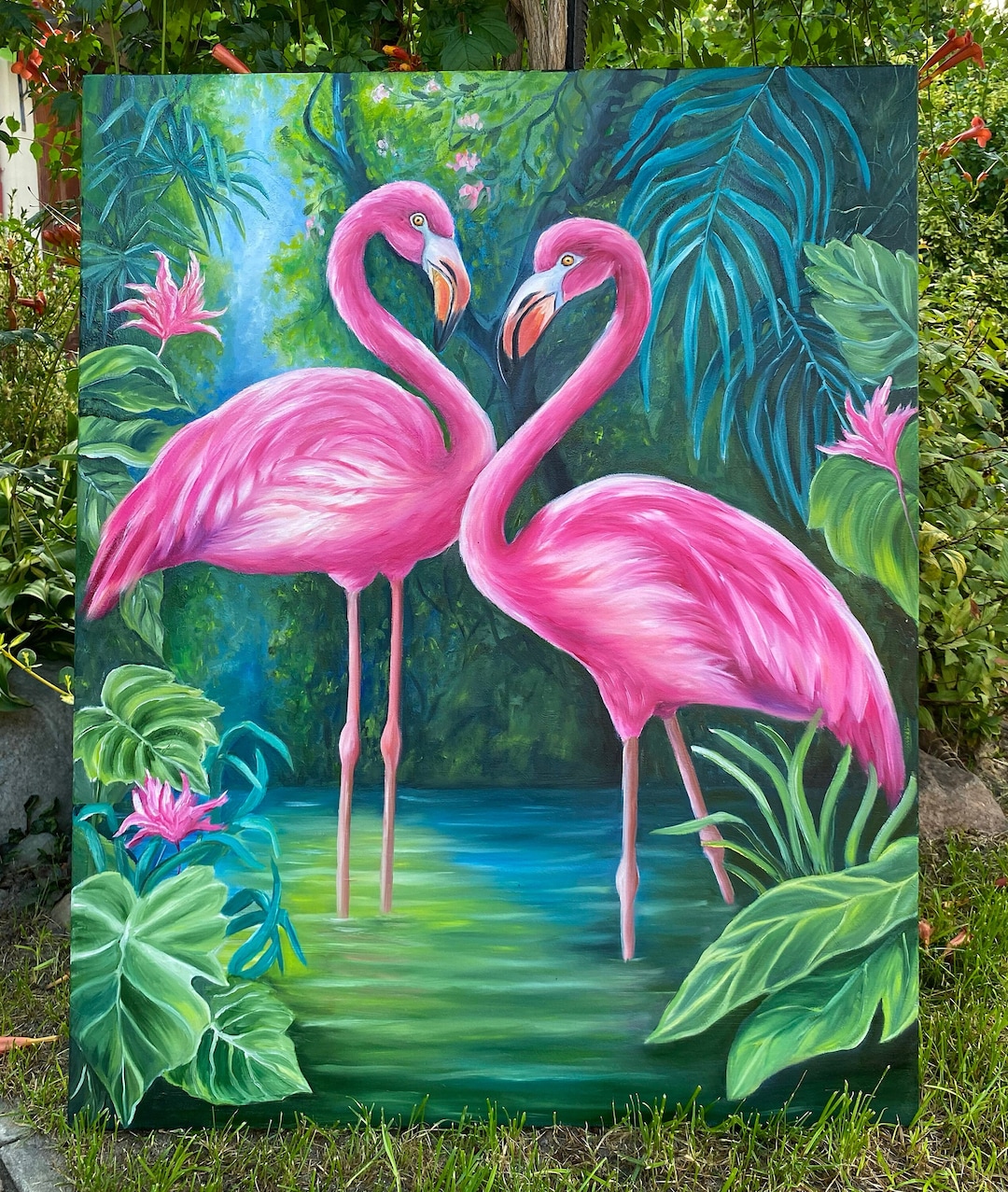 Pink Flamingo Painting on Canvas Tropical Animals in Rainforest ...