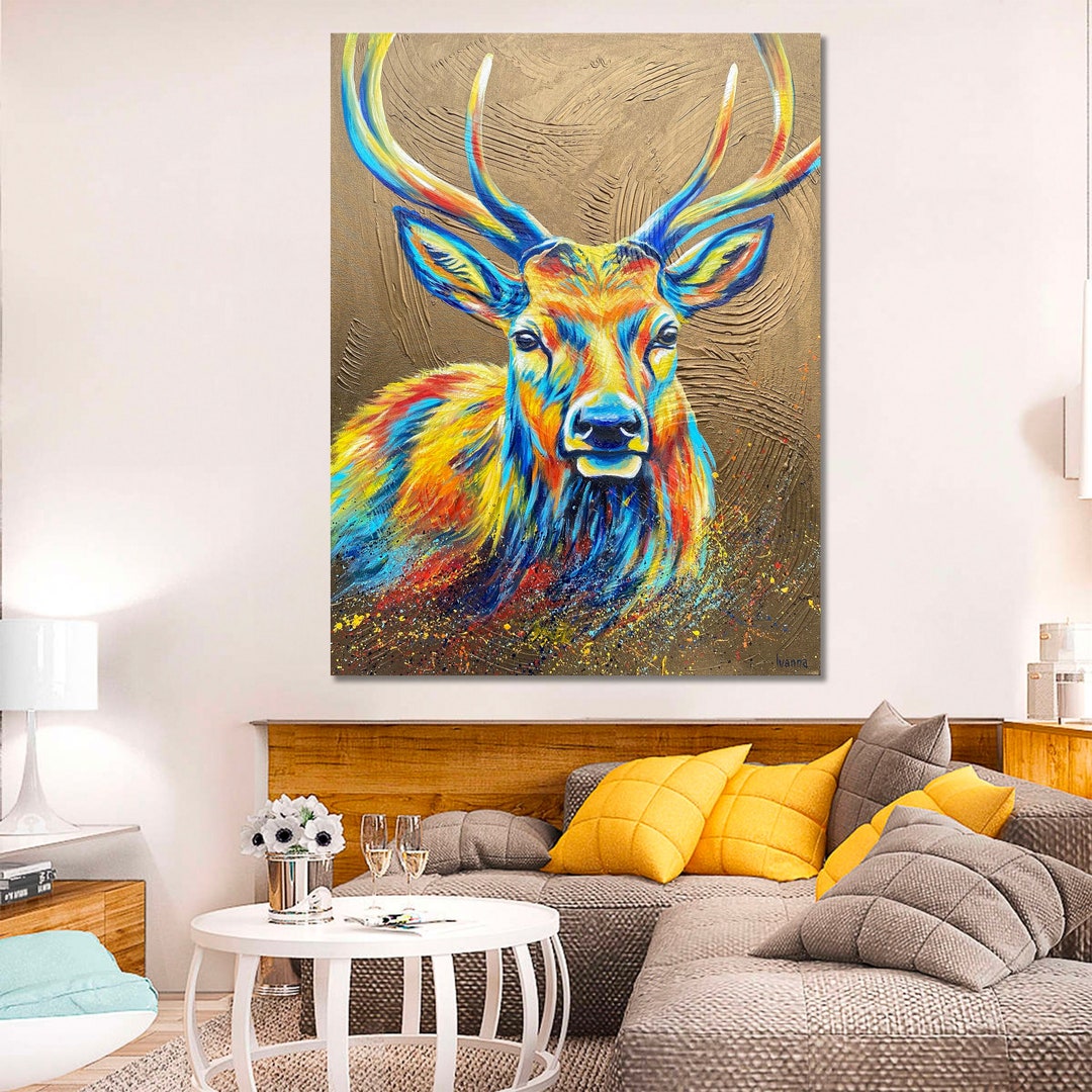 Abstract Deer Painting on Canvas Gold Deer Head Wall Art Decor Colorful ...