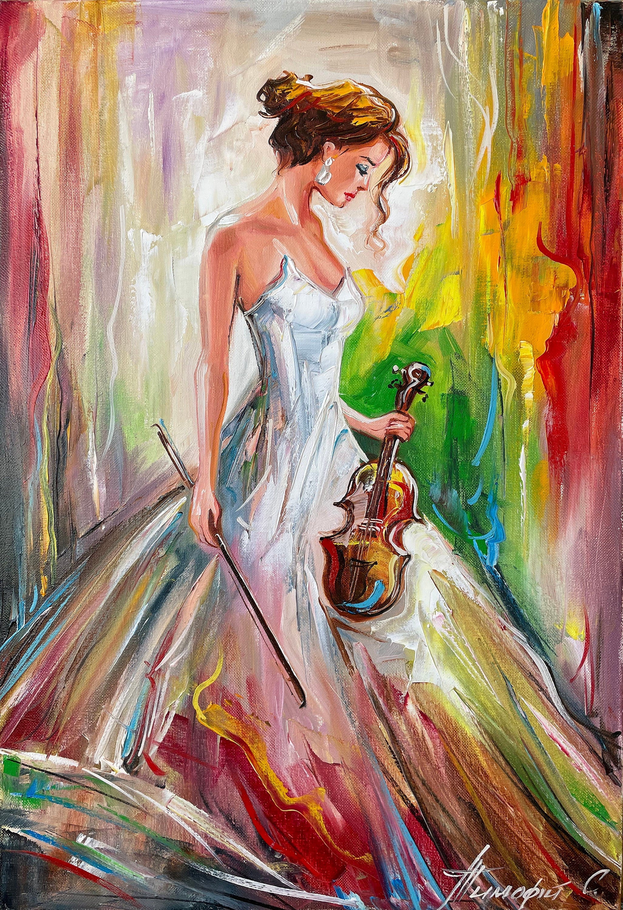 Lady with Violin Oil Painting Original Women 16x24 Canvas Wall | Etsy