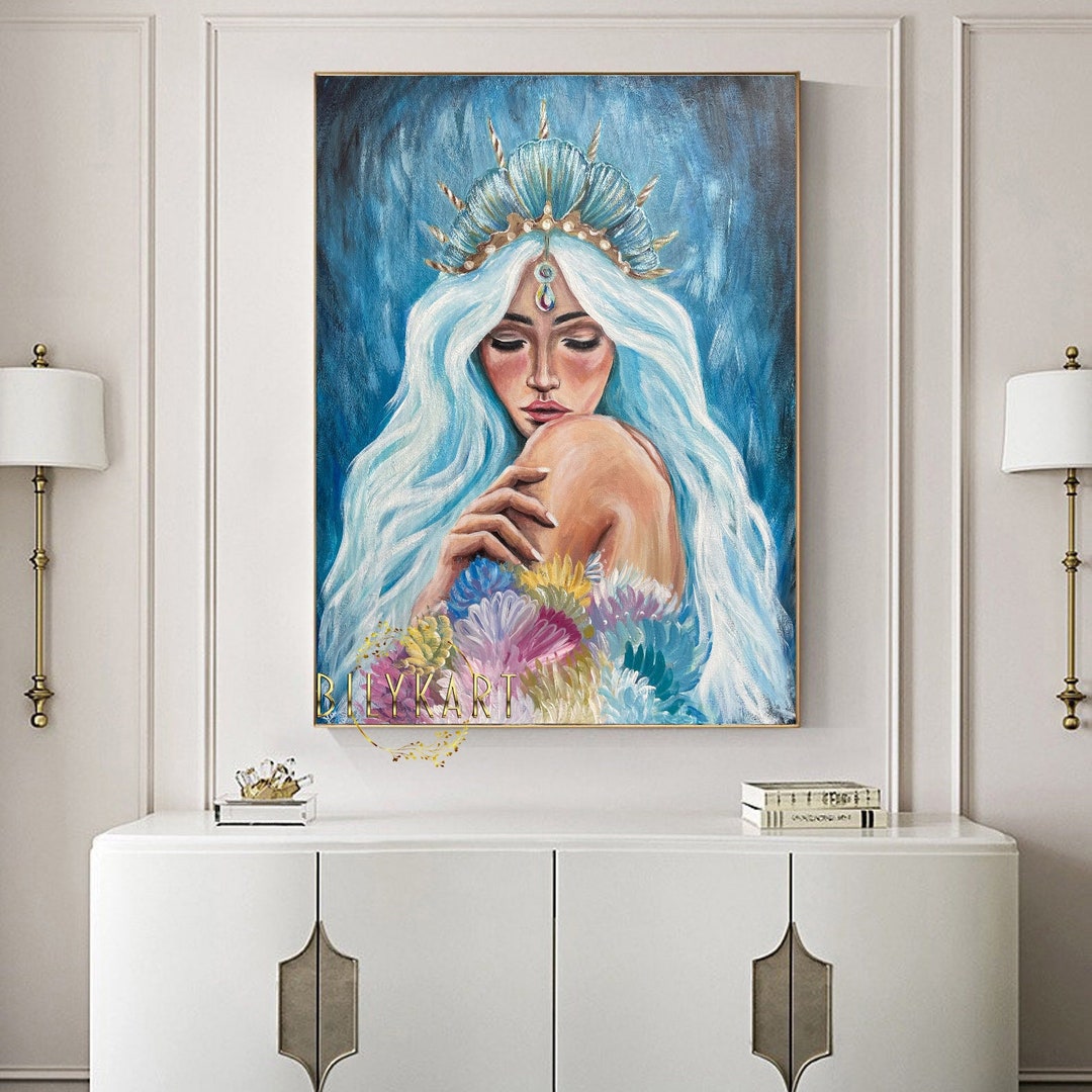 Original Mermaid Painting on Canvas Blue Mermaid Wall Art Under the Sea ...