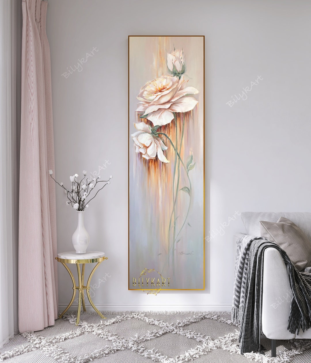 Long Narrow Wall Art Large Roses Flowers Oil Painting Tall Wall Art ...