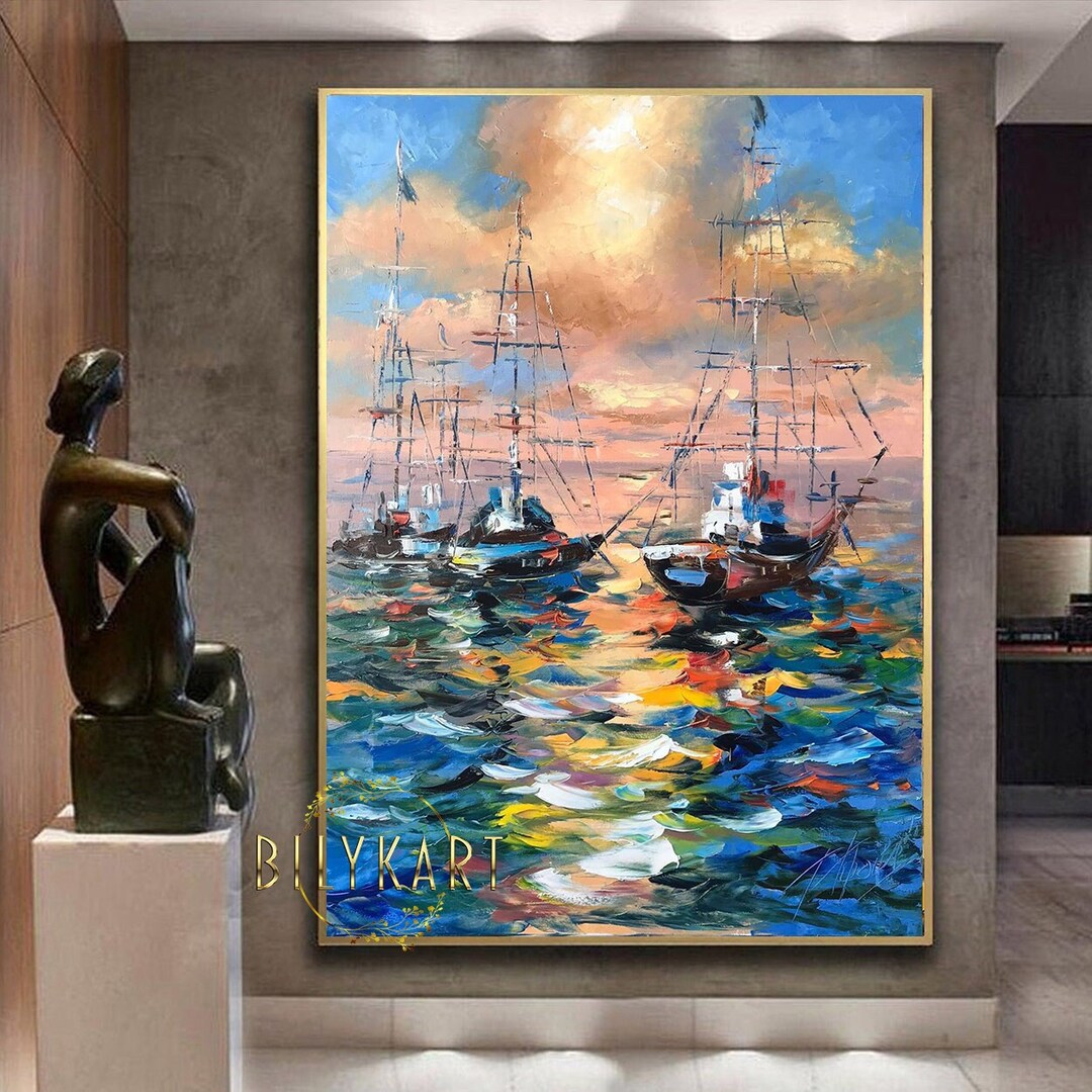 Large Boat at Sunset Oil Painting Original Colorful Seascape Paintings ...
