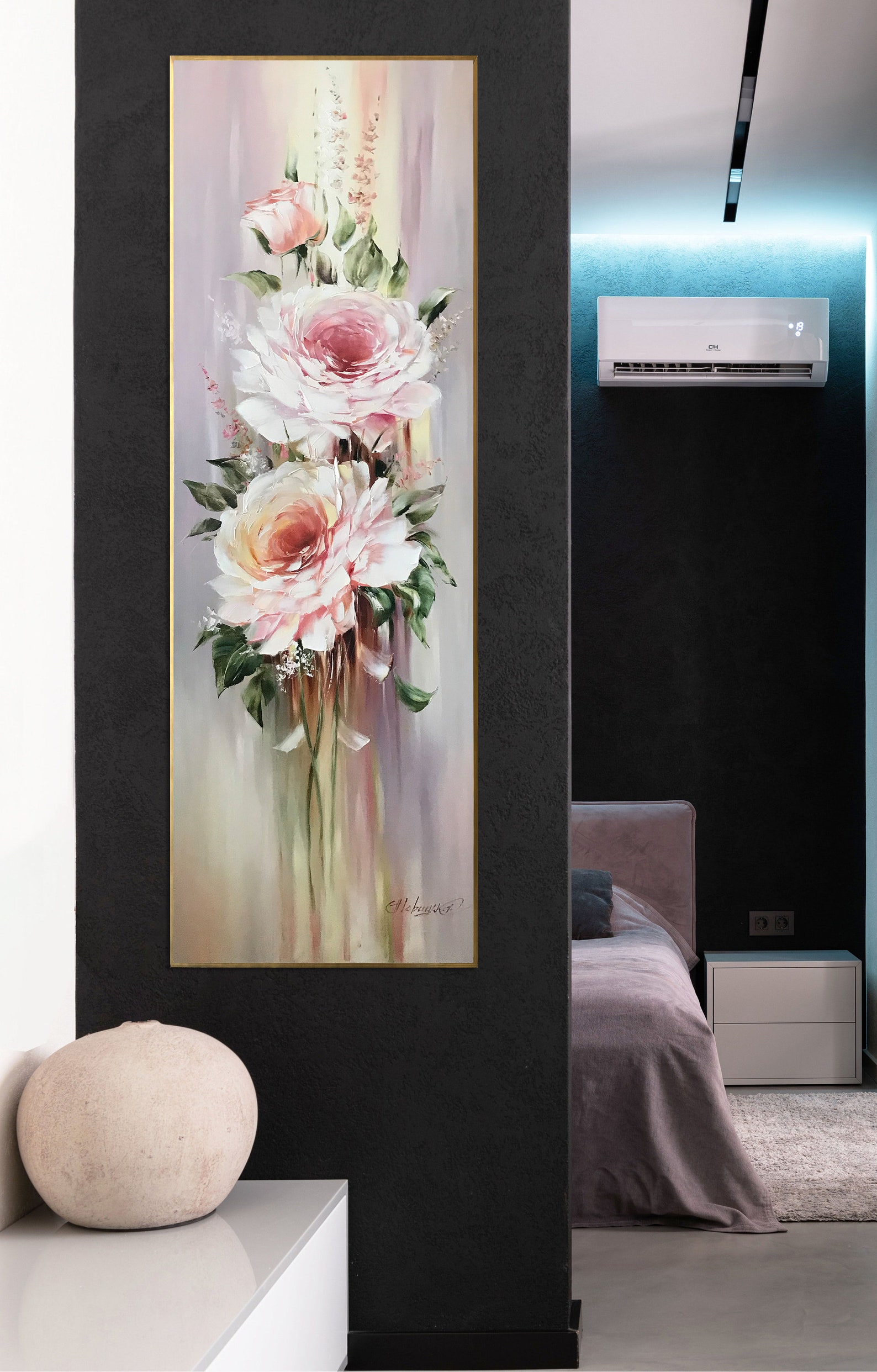 Long Narrow Wall Art Abstract Roses Flowers Oil Painting Tall Wall Art ...