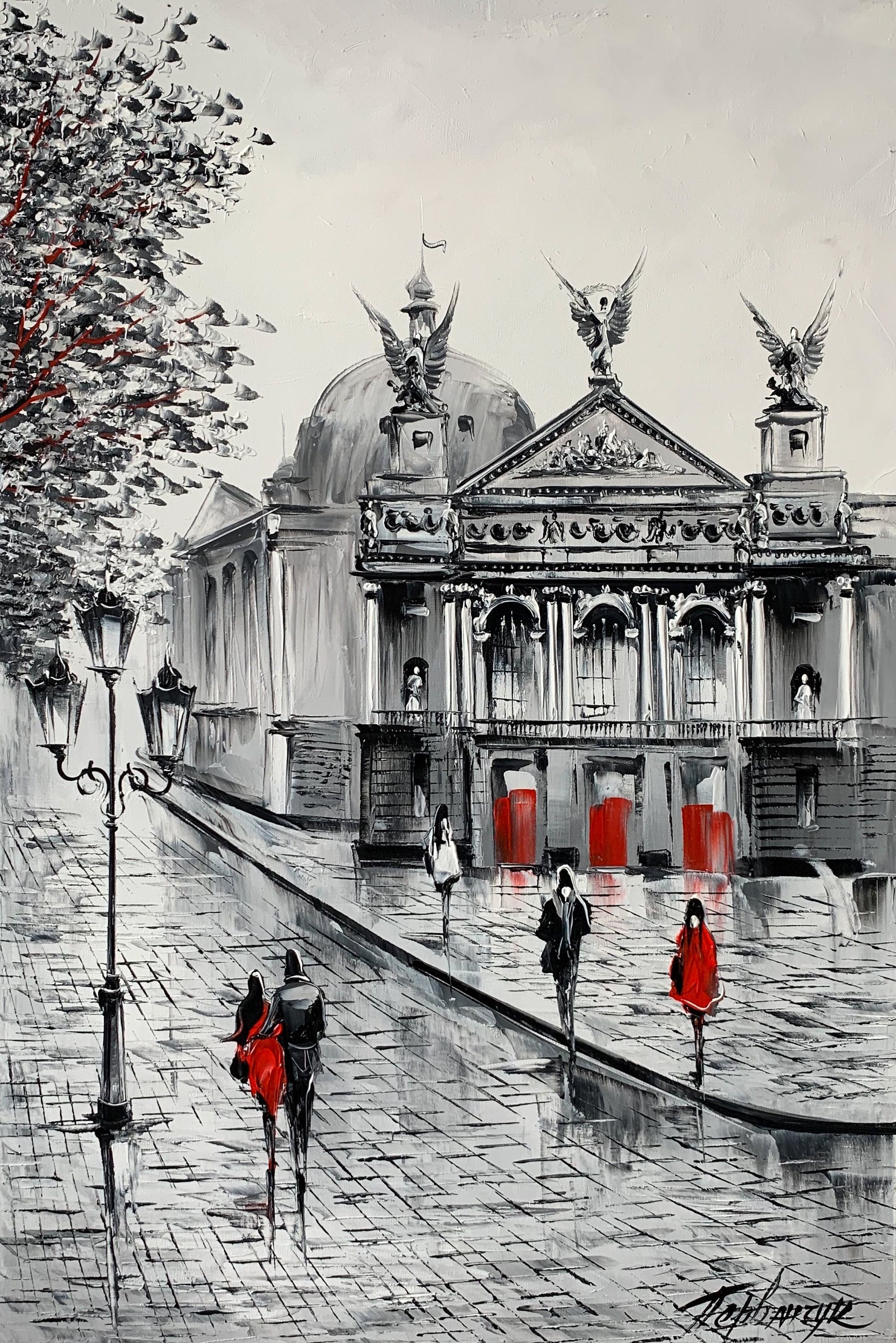Three Piece Wall Art Black and Red Paintings on Canvas Retro Town Wall ...