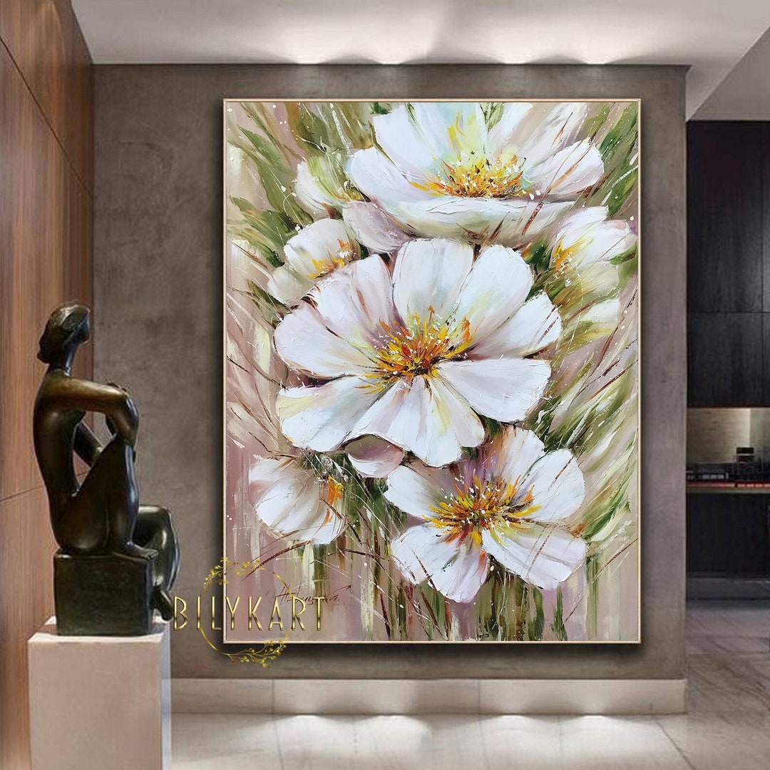 Large White Flower Oil Paintings on Canvas Abstract Floral Framed Art ...
