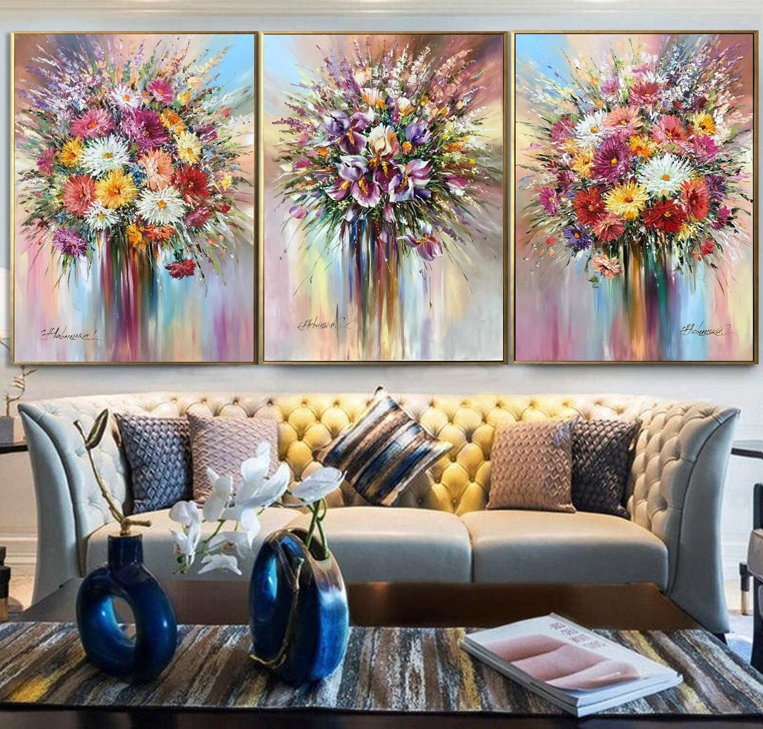 3 Matching Flower Oil Paintings Original Set of Three Flower Wall Art ...