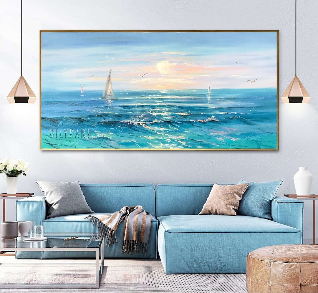 Large Ocean Oil Painting Original Blue Sea Wall Art Peaceful Ocean ...