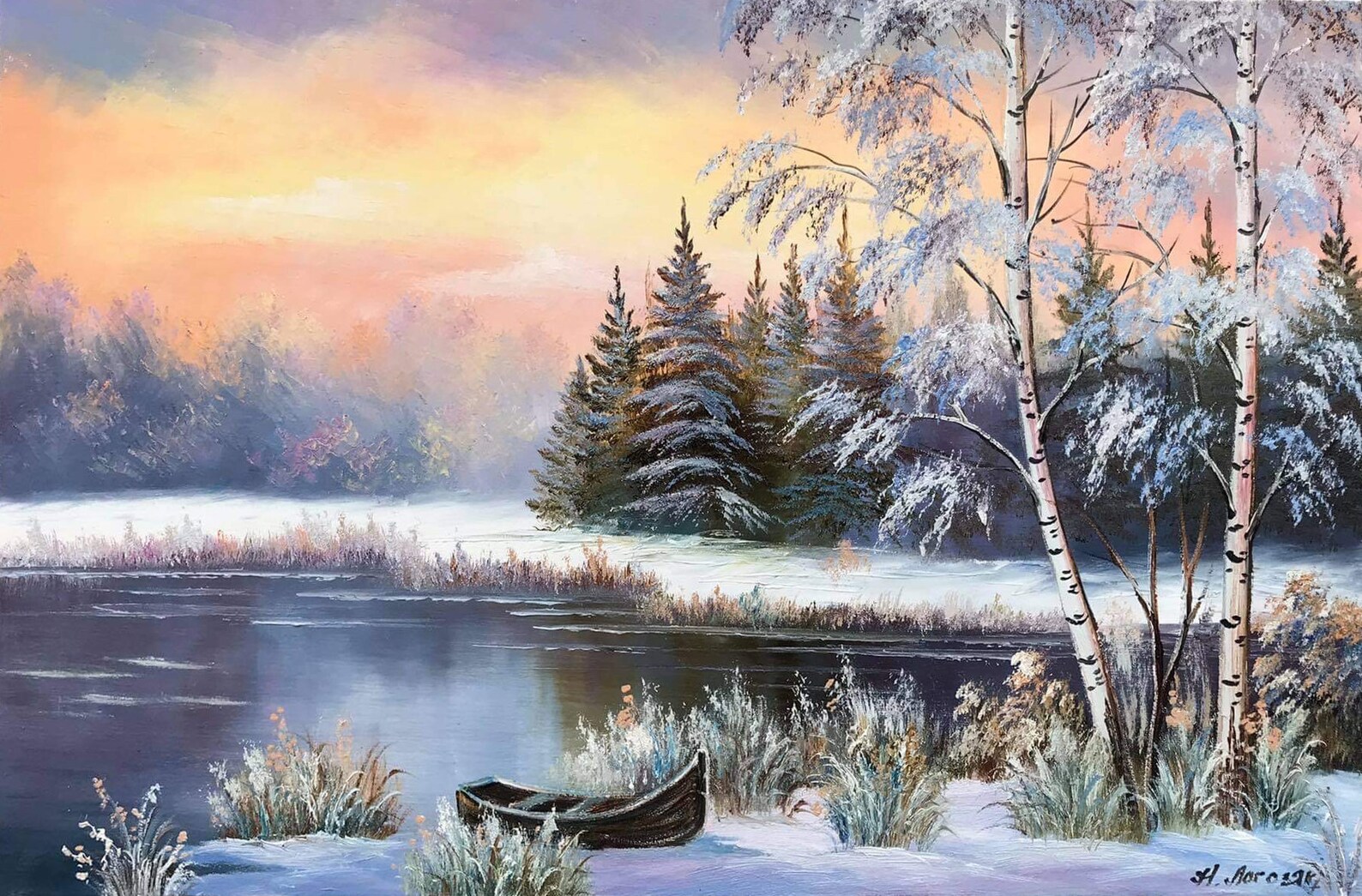 Stunning Winter Snow Sunset Painting Original Pine Tree Wall - Etsy