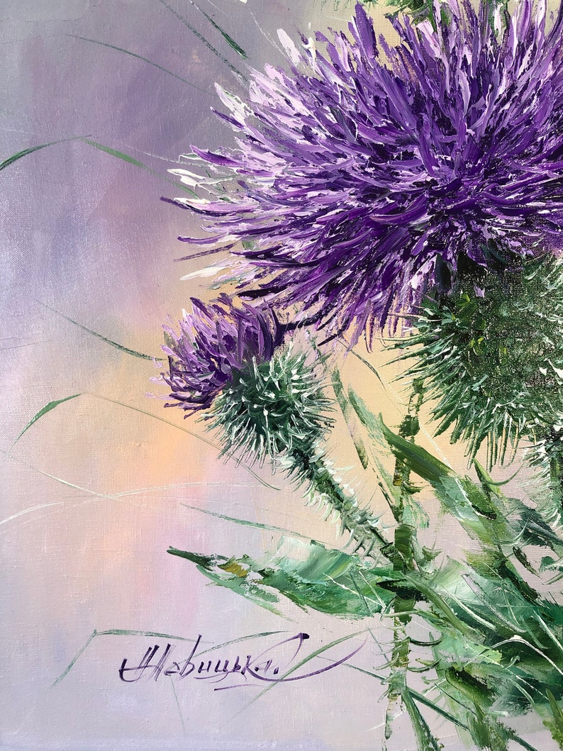 Original Thistle Oil Painting on Canvas, Purple Floral Wall Art - Etsy