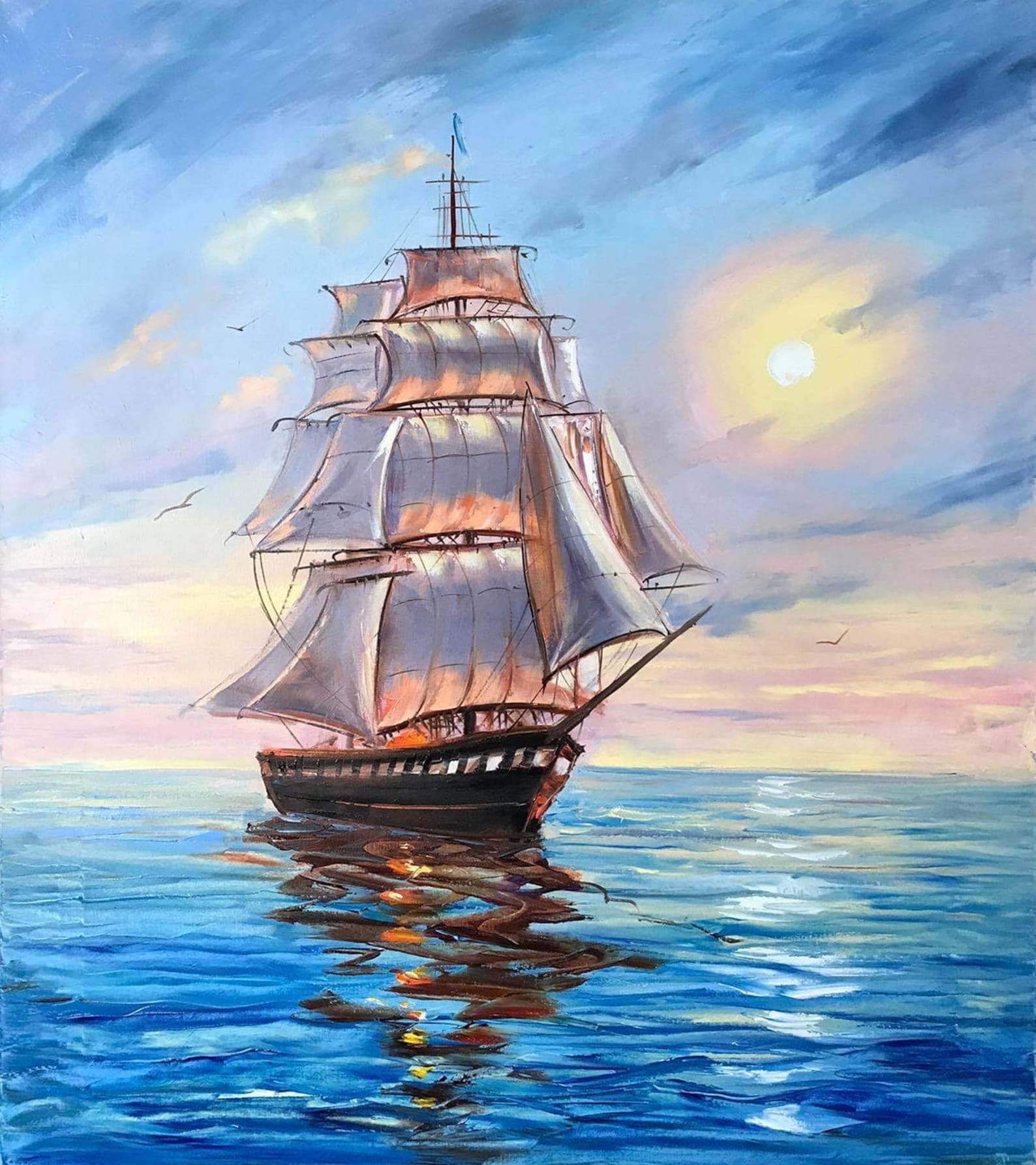 Colorful Ship at Sunset Oil Painting Ocean Waves Wall Art - Etsy