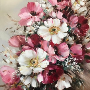 Large Flower Painting on Canvas Abstract Floral Art Red White Blooming ...