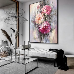 Large Peony Painting Abstract Peonies Wall Art Living Room Artwork ...