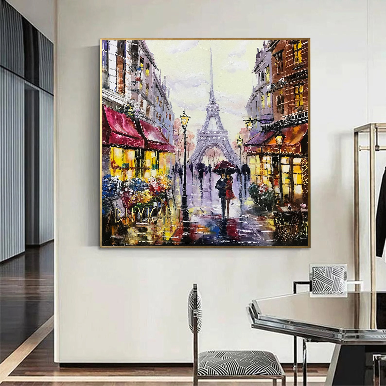 Paris Eiffel Tower Oil Painting Framed Couple Walking in Paris Painting ...