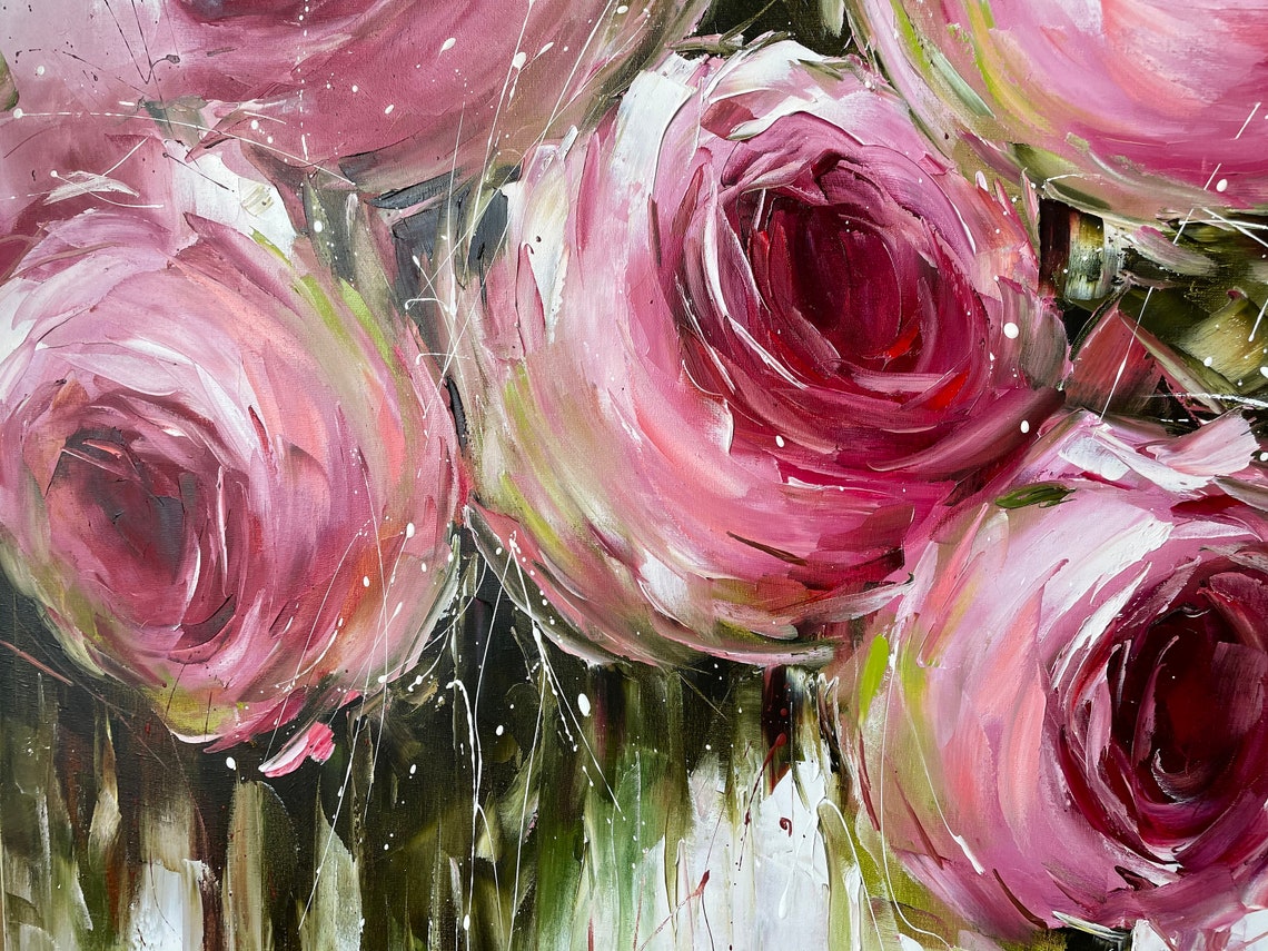 Large Oversized Roses Wall Art Pink Canvas Flowers Oil | Etsy