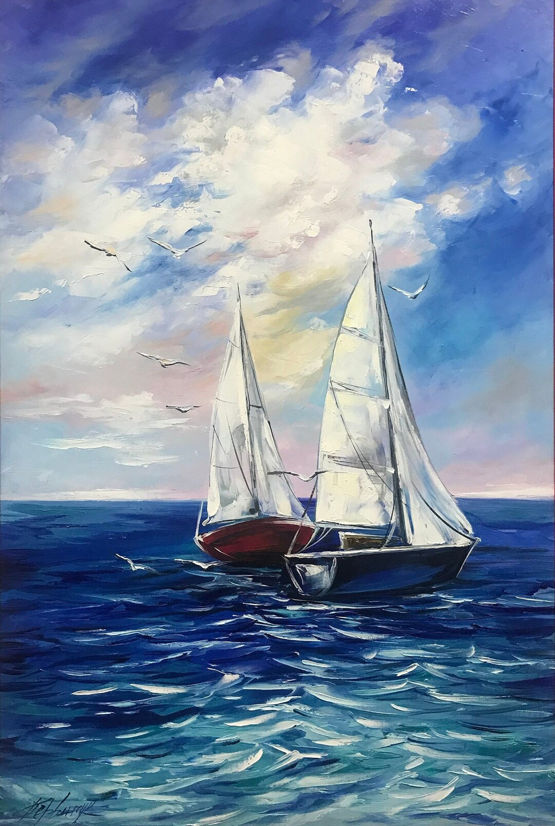 Large Sailboat at Sea Oil Painting on Canvas, Blue Ocean Wave Wall Art ...
