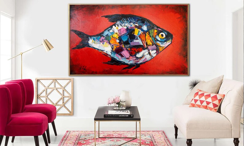 Large Abstract Fish Oil Painting Original Red Fish Wall Art Work ...