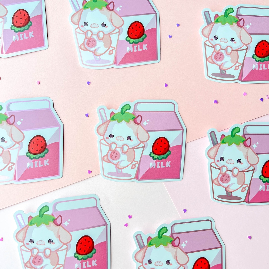 Strawberry Milk Cow Sticker / Strawberry Cow Vinyl Sticker / Pink ...