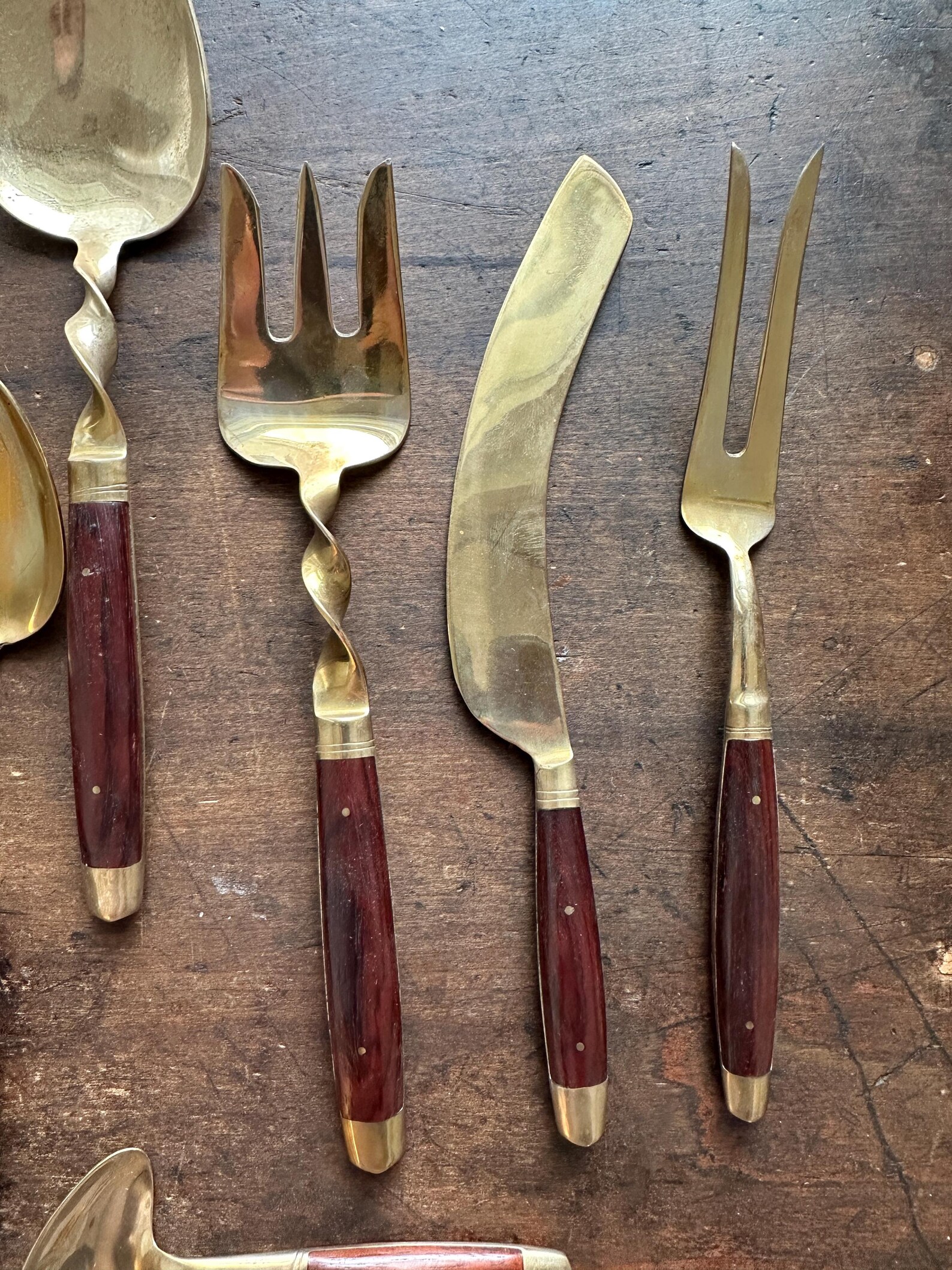 Vintage Danish Modern Serving Utensil Set: Wood & Gold Metal, 9-piece ...