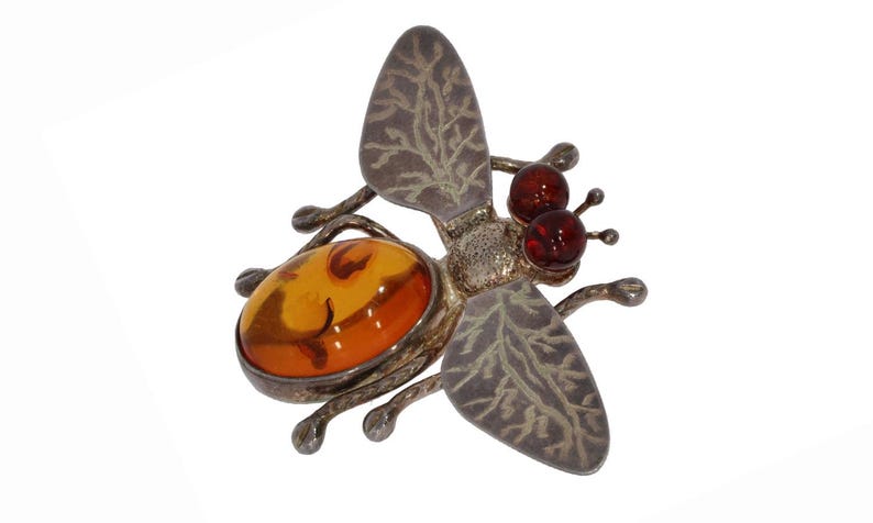 Large Silver Handmade Brooch of a Fly / Bee With Amber Body and Eyes ...