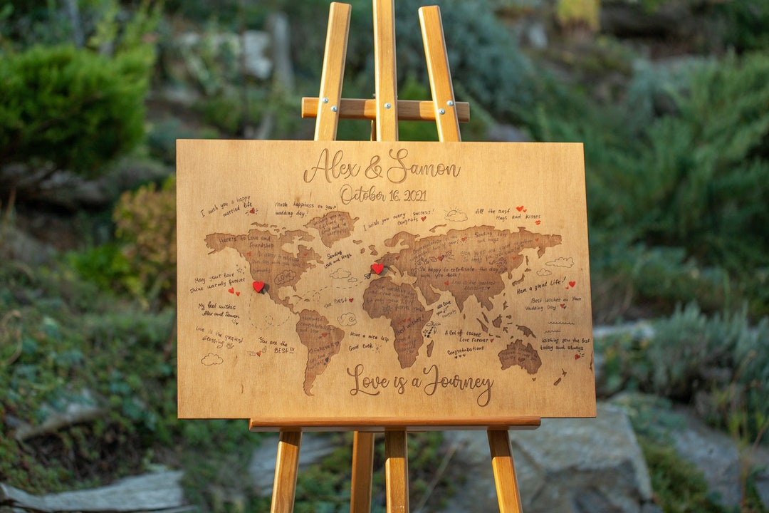 World Map Guest Book Wedding, Wooden Guest Book Sign, Map Guest Book ...