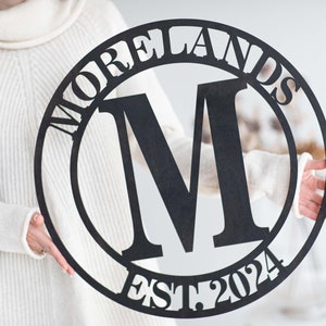 Wooden Last Name Sign, Circle Wedding Name Sign, Monogram Sign Wall ...