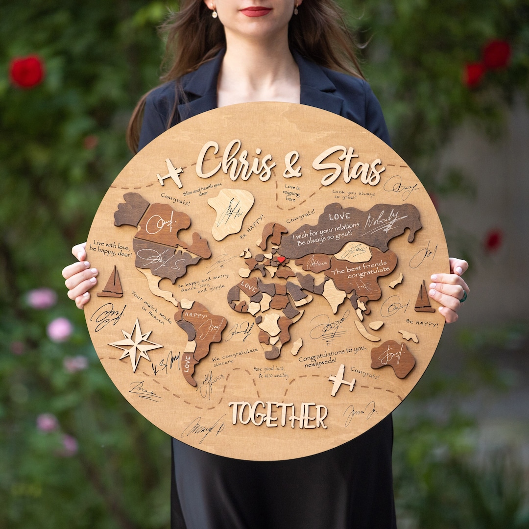 Wedding Guest Book Wooden World Map, Guest Book Sign Adventure Awaits ...