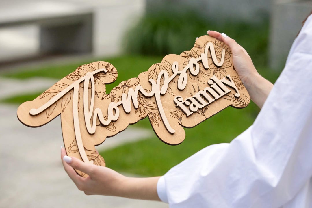 Custom Family Name Sign, Floral Wooden Wall Art, Engraved Name Sign ...