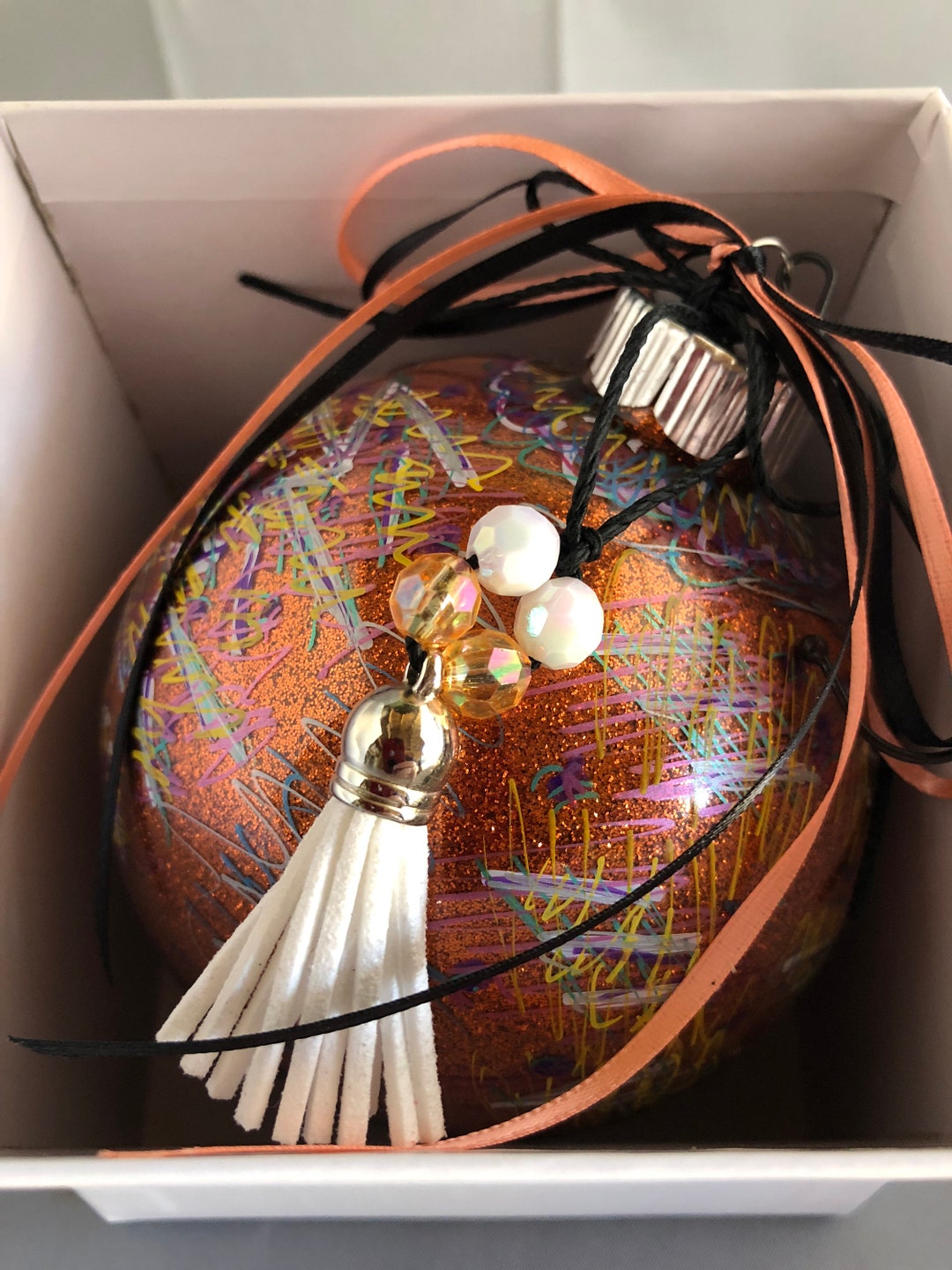 Handpainted Spirit Balls - Copper Glitter With White Accents Ornament ...