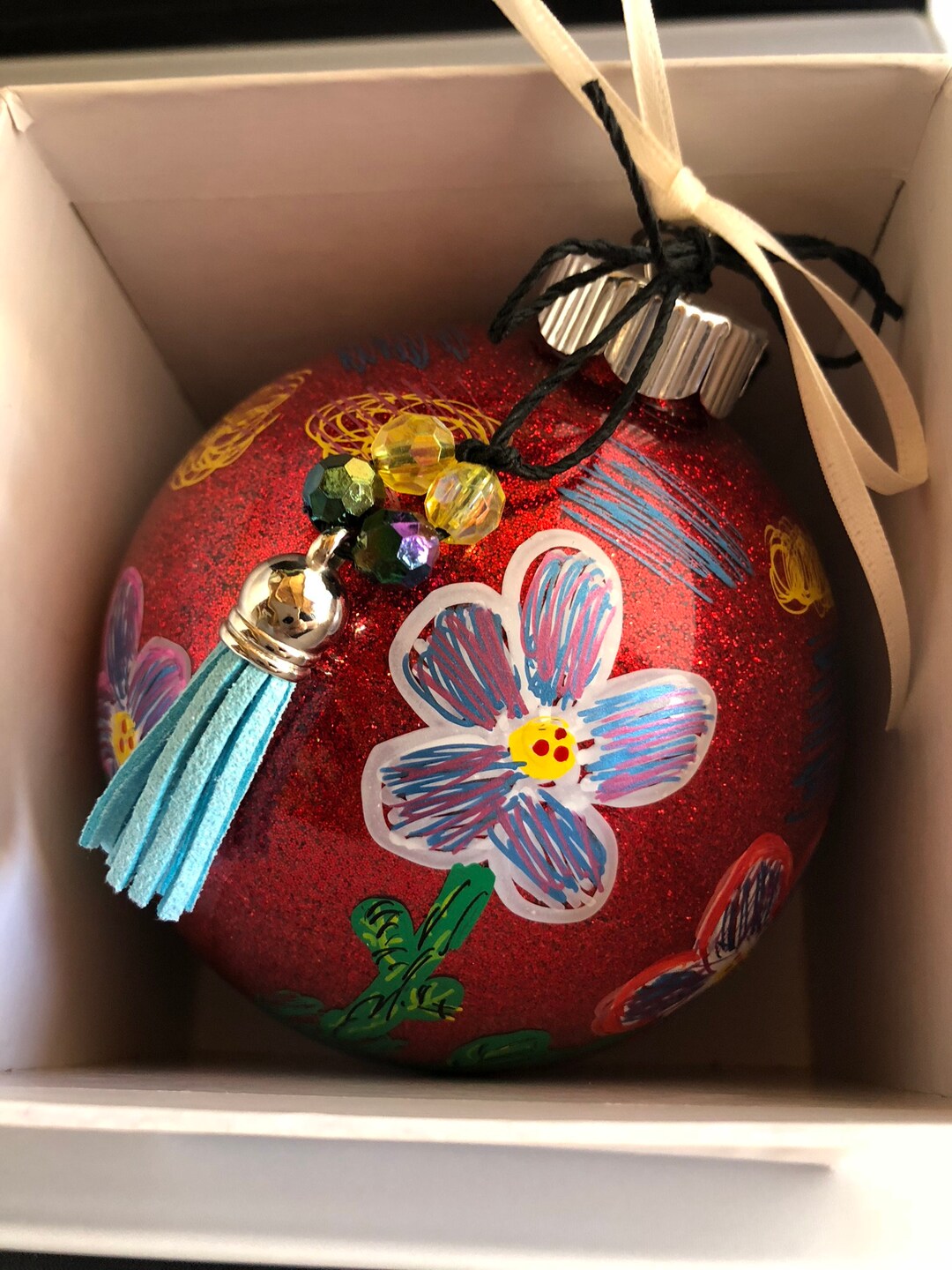 Handpainted Spirit Balls - Red Glitter With Flowers Ornament - Etsy
