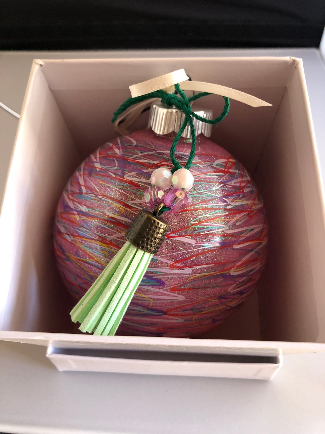 Handpainted Spirit Balls - Pink Glitter, Multi-colored Swirls Ornament ...
