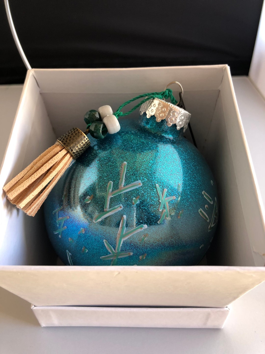 Handpainted Spirit Balls - Teal Glitter With White & Green Marks ...