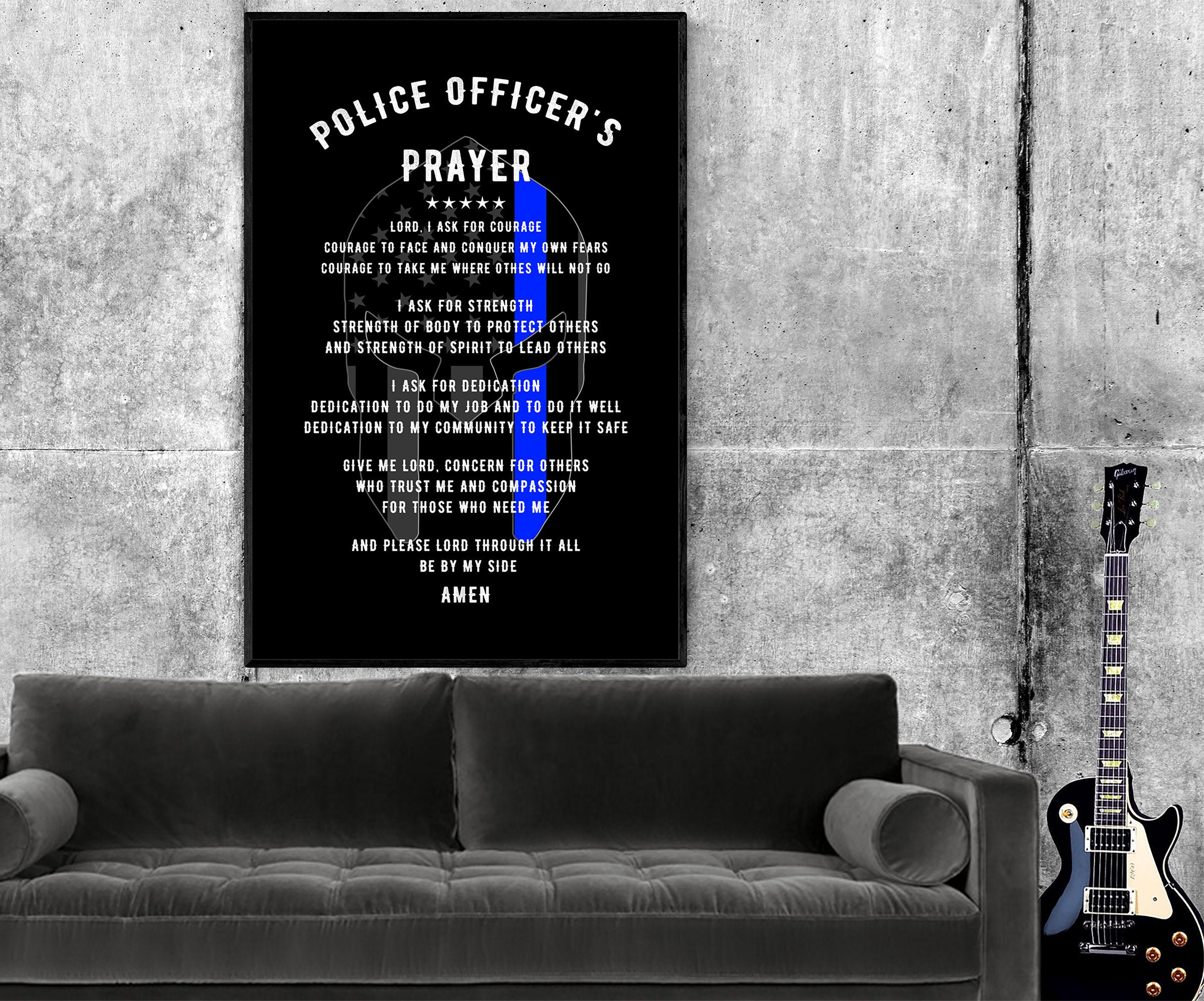 Police Officer Prayer Spartan Thin Blue Line Canvas Wall Art ...