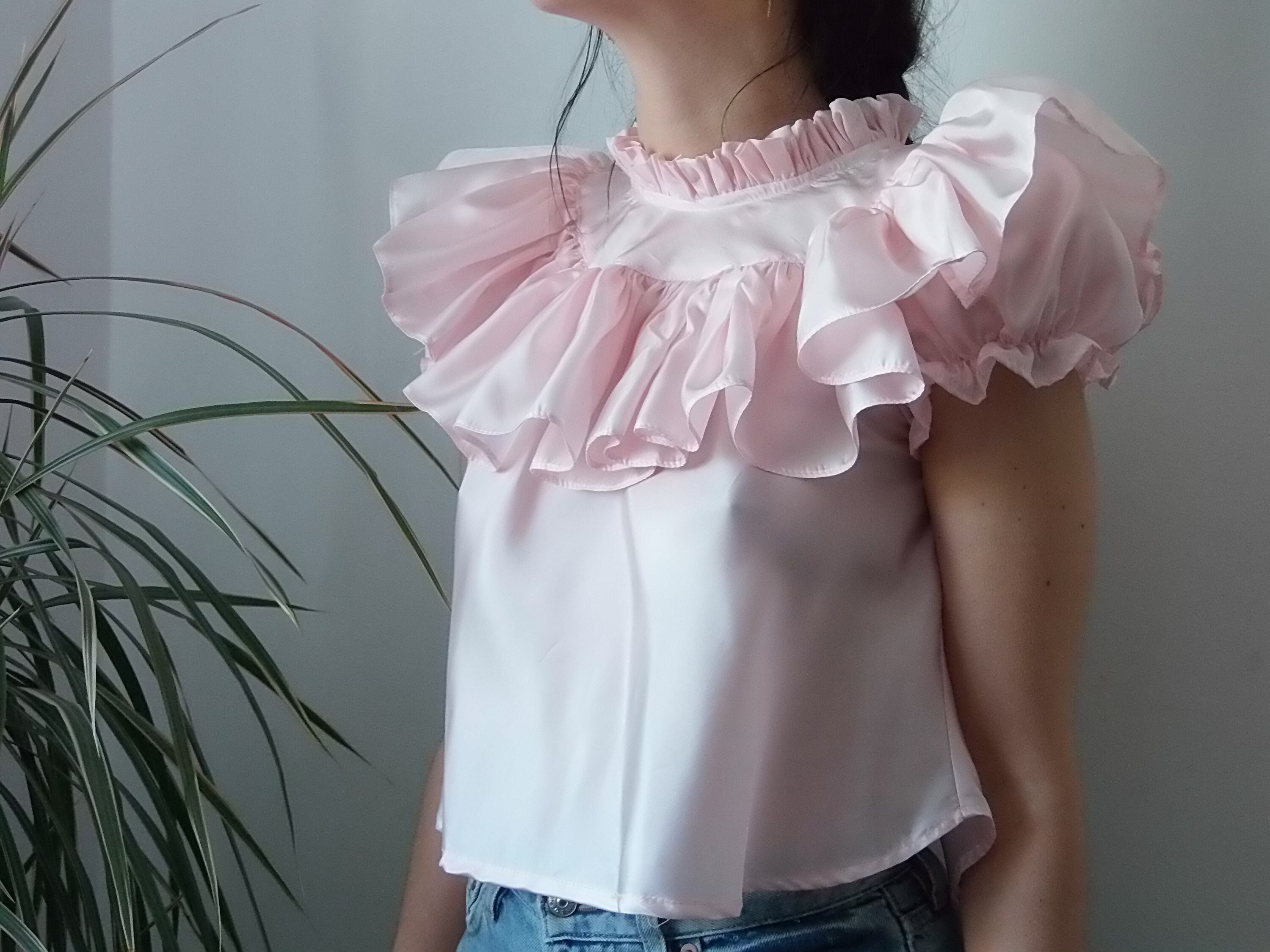 Handmade Pink Taffeta Ruffles Crop Top / Baby Pink Ruffle Puffed Sleeve ...