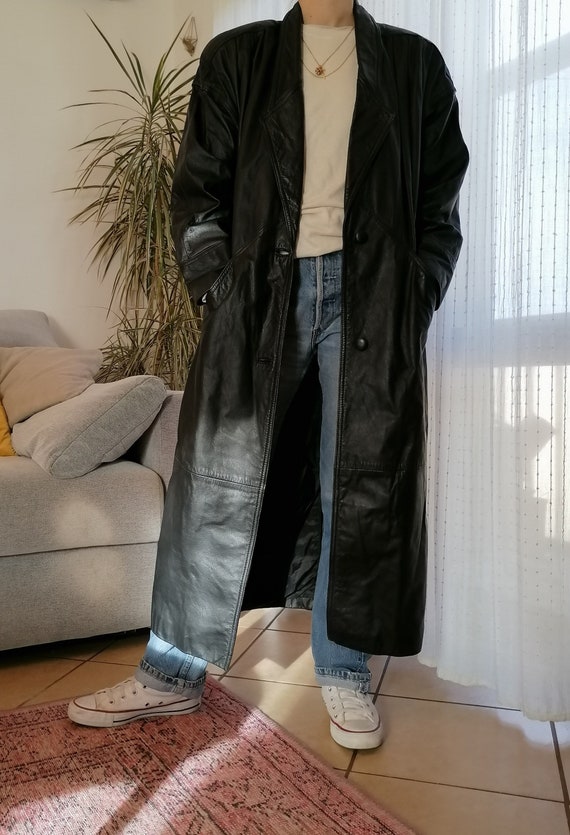 Vintage EXPRESS genuine leather long coat / 80's blac… - Gem