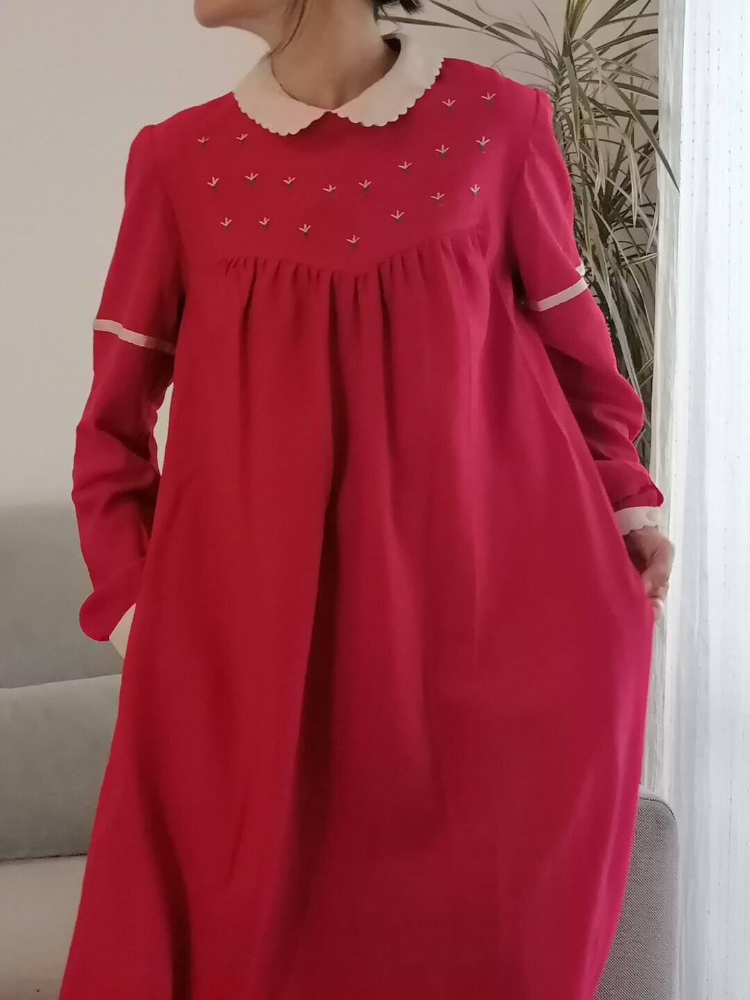 Vintage Embroidered Pink Tent Dress With Long Sleeves / 70's Hot Pink ...