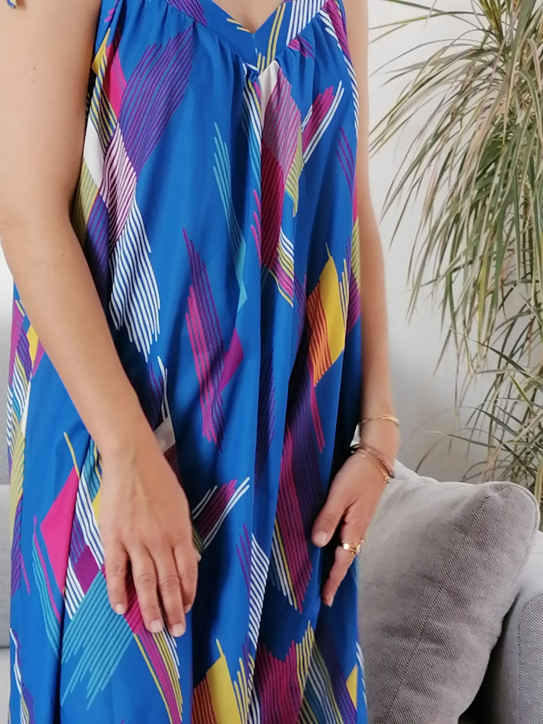 Vintage Cobalt Blue House Dress / 80's Primary Colors Adjustable Straps ...