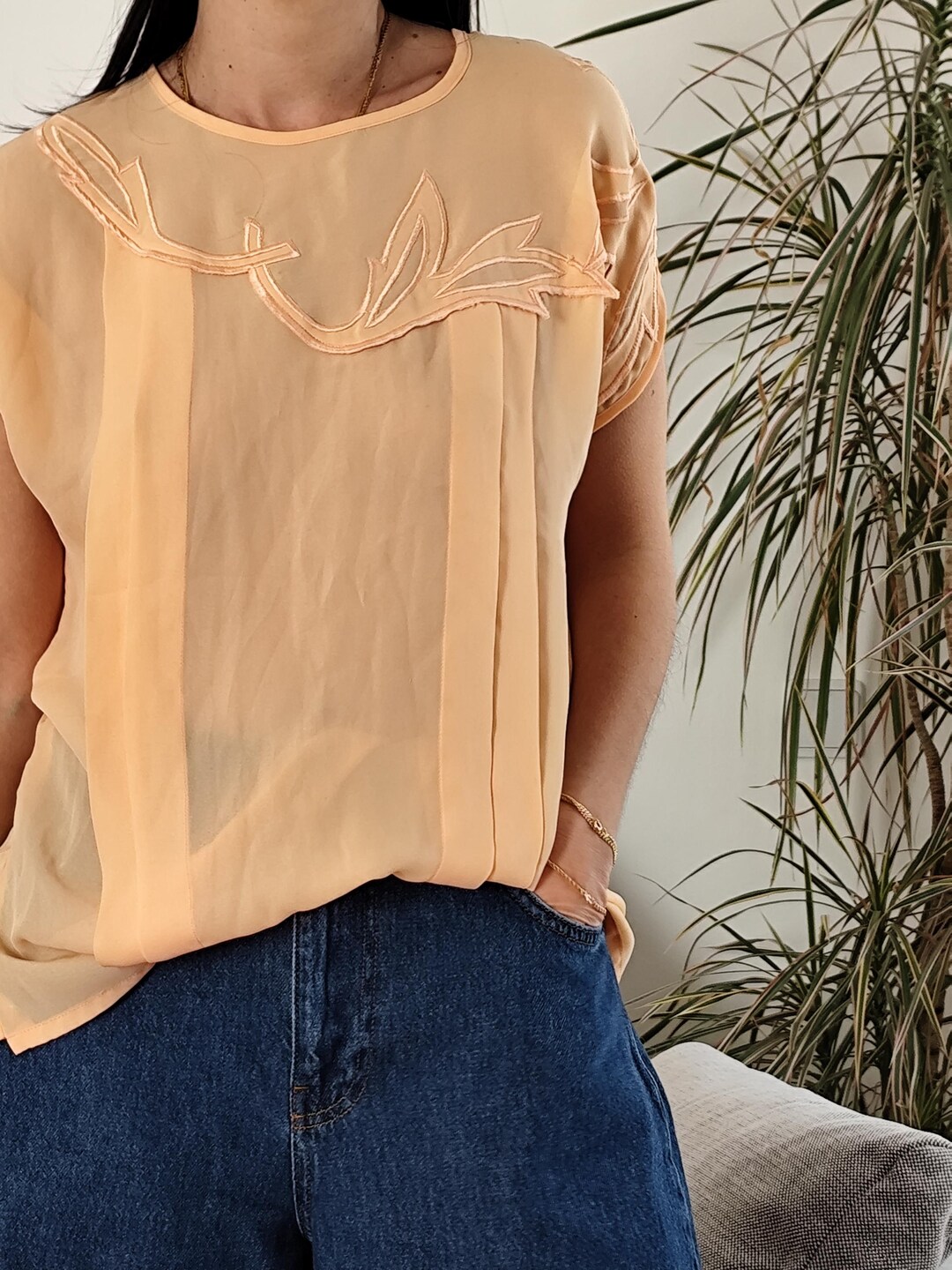 Vintage Longchamps Peach Blouse / 90's Embroidery Light Orange Top - Etsy