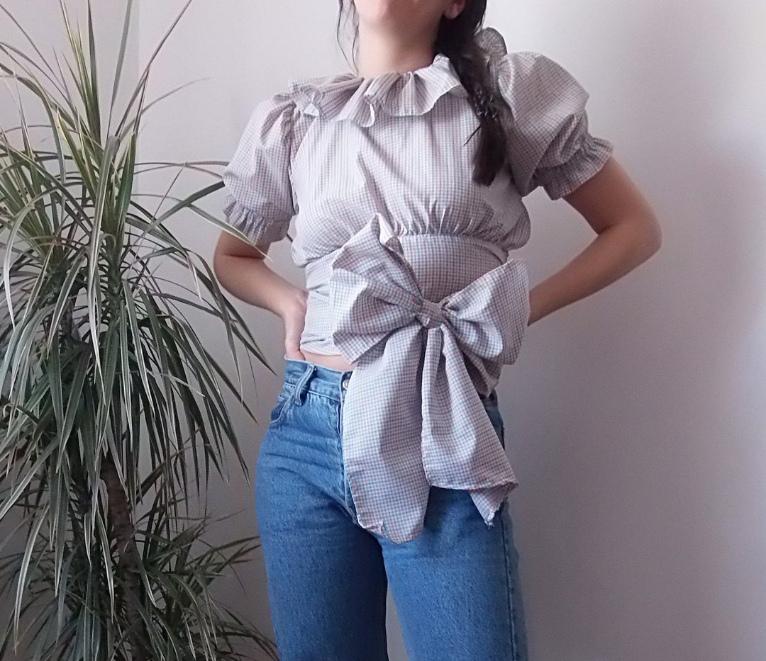 Handmade Gingham Ruffle Top / Puffy Sleeves Ruffle Collar Check Print ...