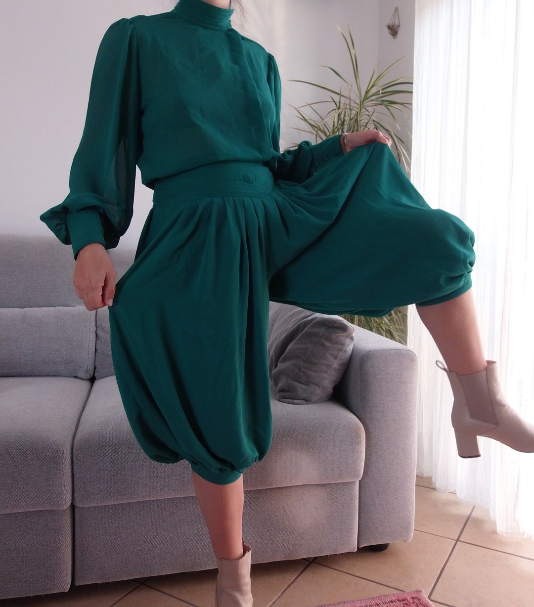 Vintage Emerald Green Two Piece Set: 80s Blouse & Harem Pants - Etsy