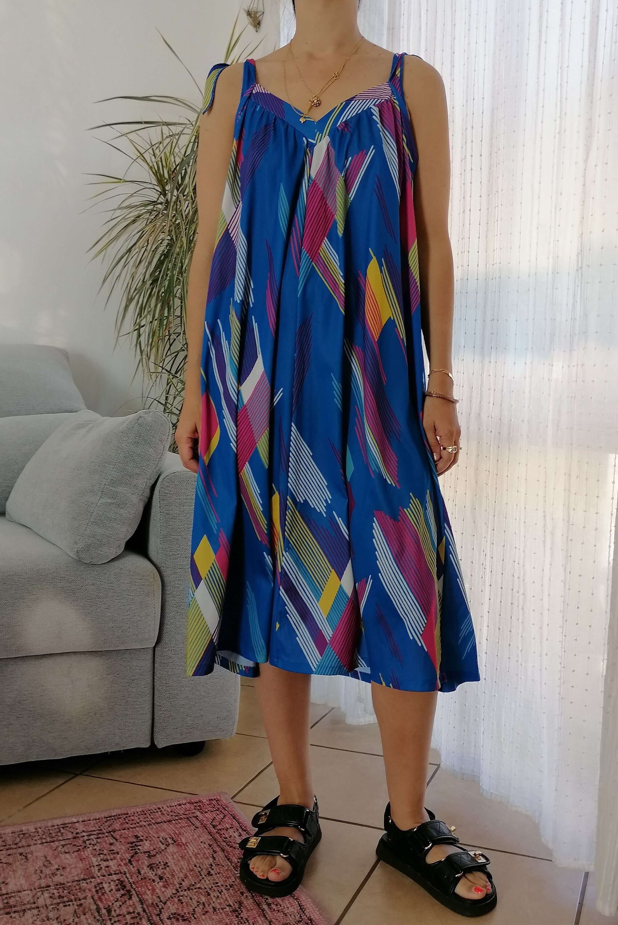 Vintage Cobalt Blue House Dress / 80's Primary Colors Adjustable Straps ...