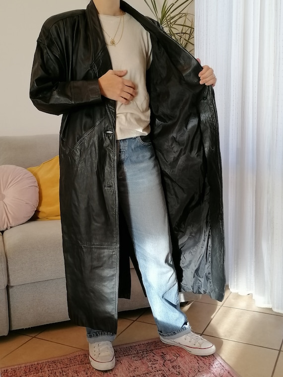 Vintage EXPRESS genuine leather long coat / 80's blac… - Gem