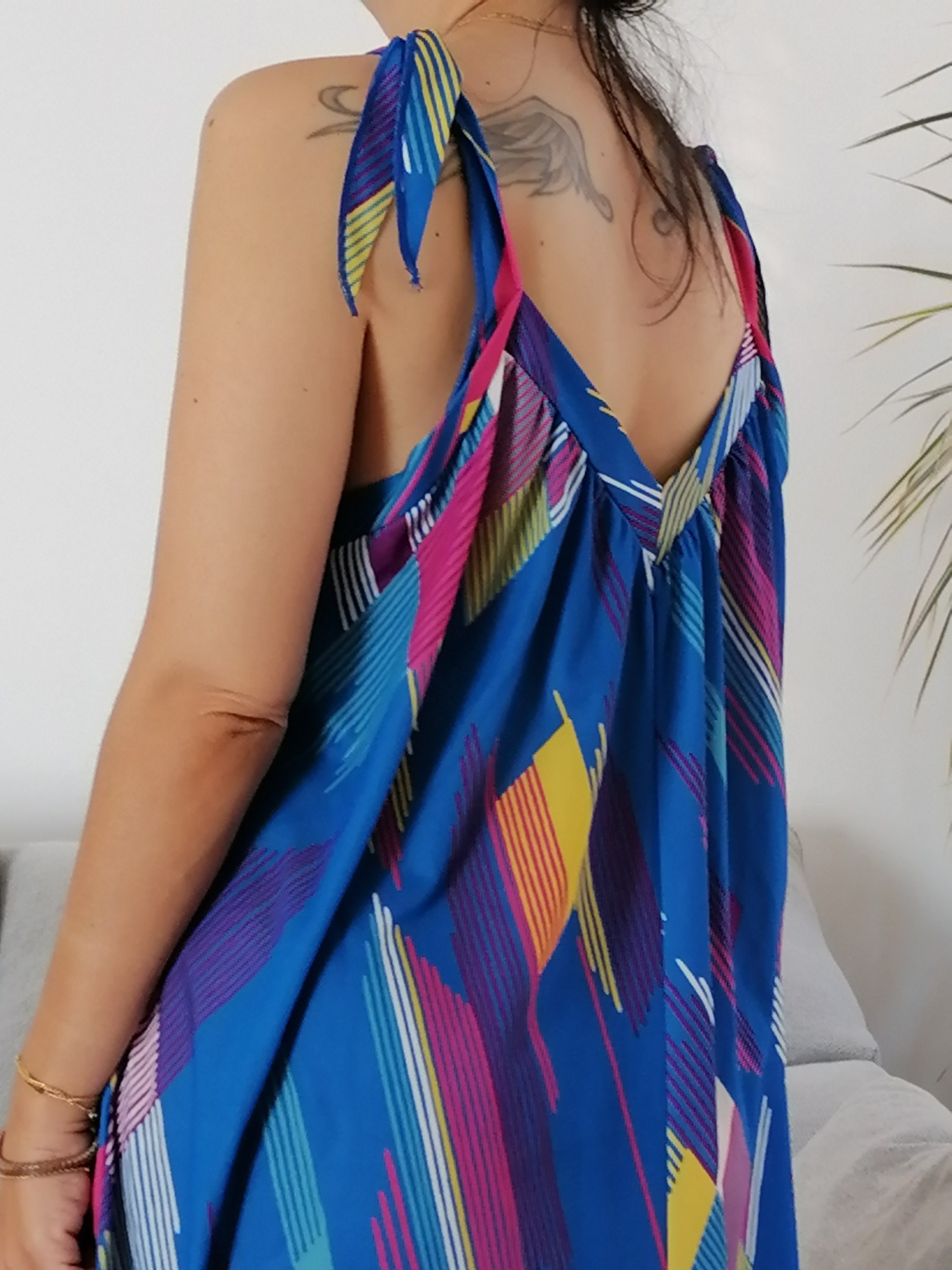 Vintage Cobalt Blue House Dress / 80's Primary Colors Adjustable Straps ...