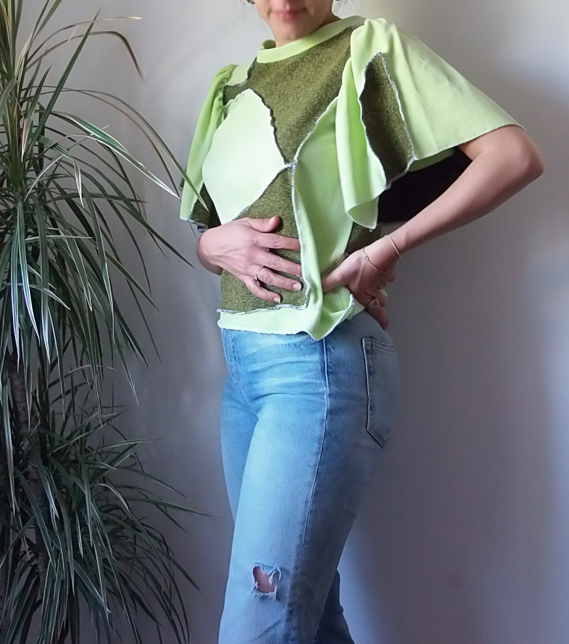 Handmade Patchwork Flowy Sleeves Neon Yellow and Green / Sustainable ...