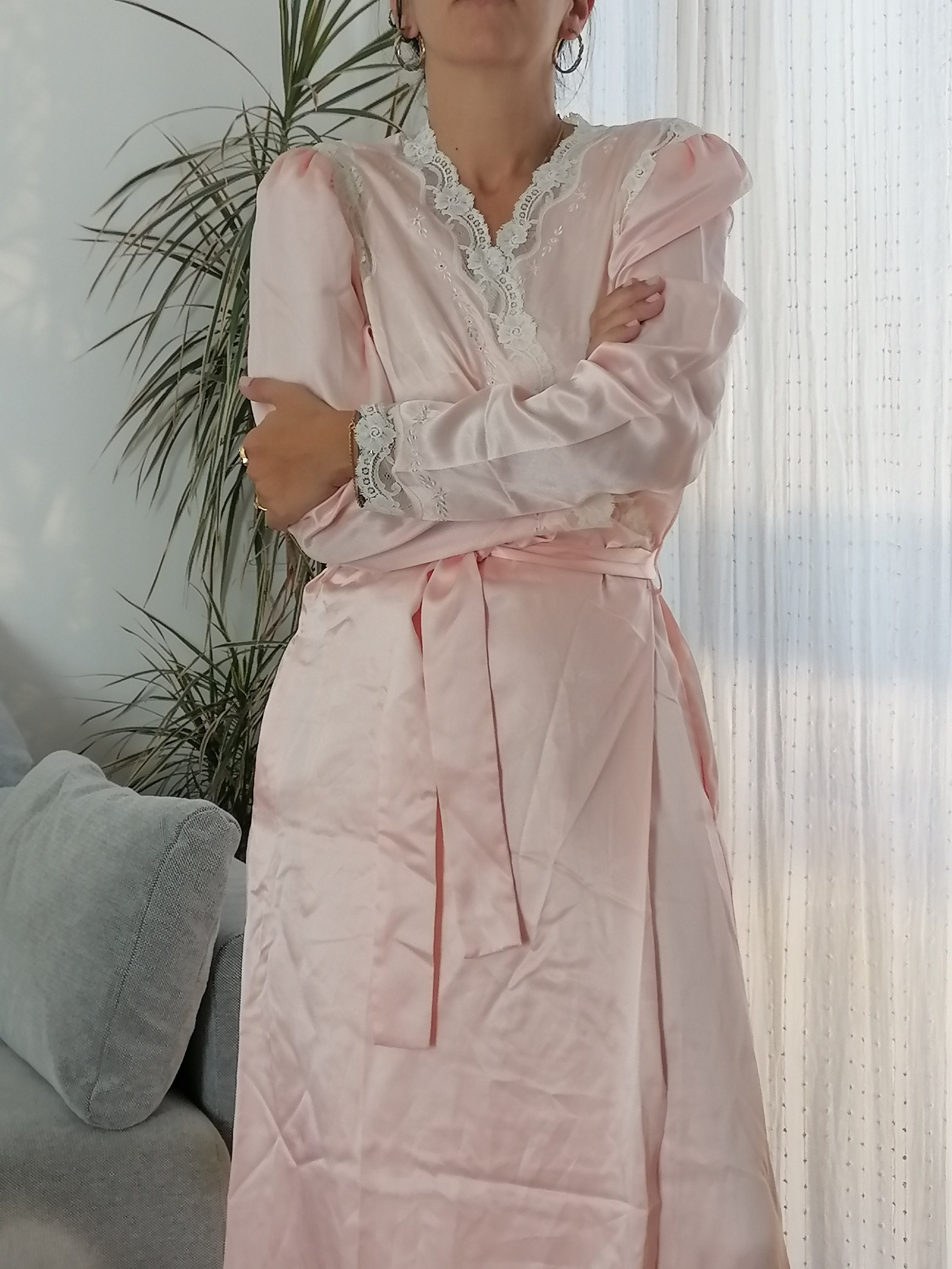 Vintage Pink Satin Nightgown Set / 80's Night Dress and Robe Two Piece ...