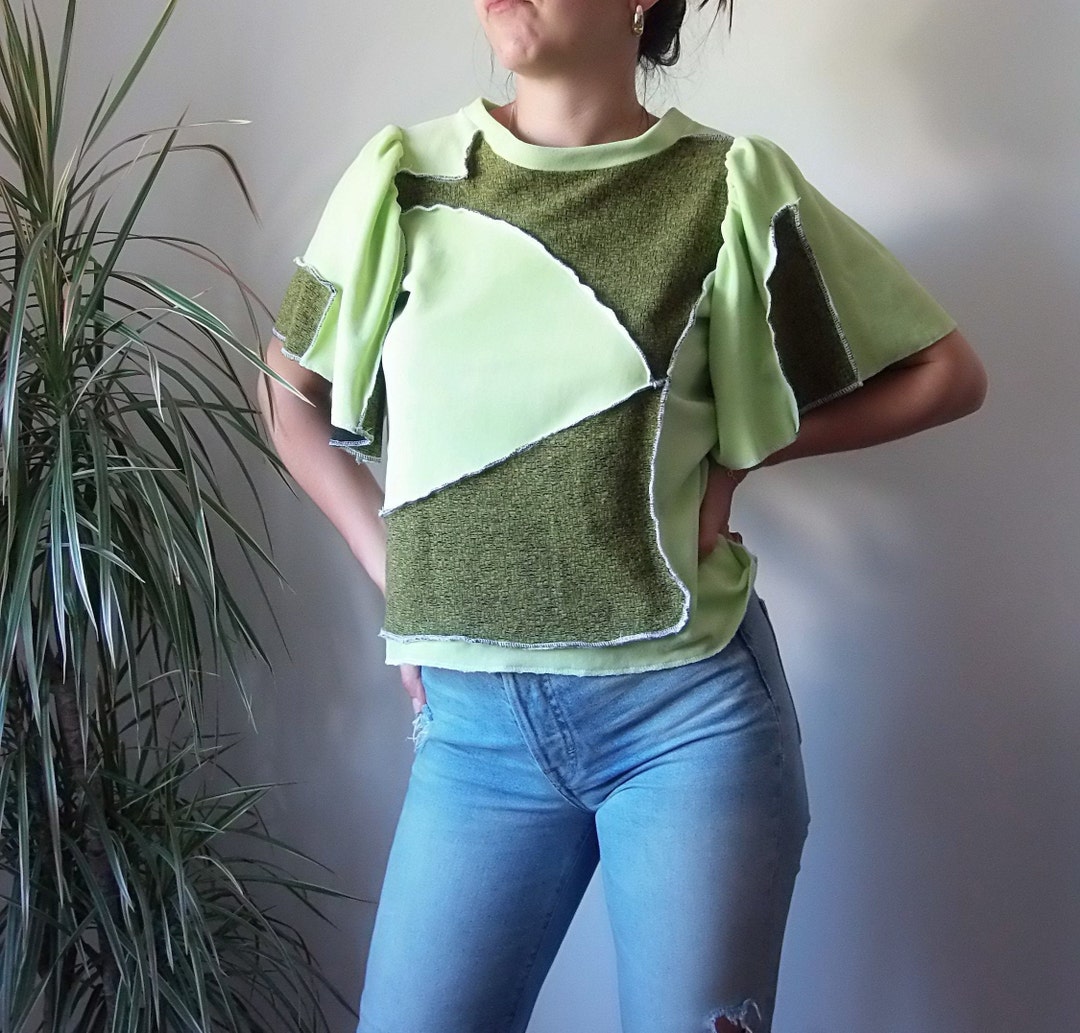 Handmade Patchwork Flowy Sleeves Neon Yellow and Green / Sustainable ...