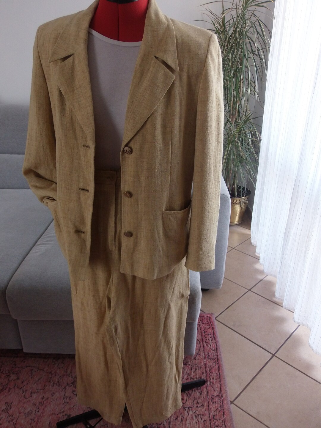 Vintage Linen Yellow Suit / 90's Two Piece Set Blazer and Pants ...