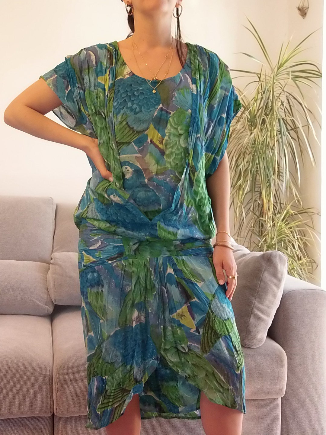 Vintage René Derhy Drop Waist Dress / 80's Does 20's Green and Blue ...
