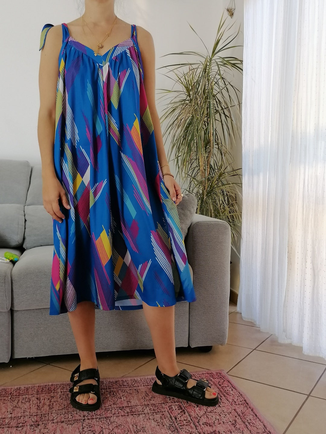 Vintage Cobalt Blue House Dress / 80's Primary Colors Adjustable Straps ...